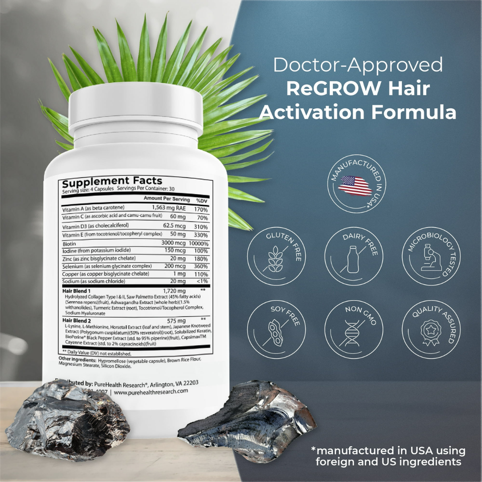 ReGrow Hair Growth Vitamins with Biotin, Hair Supplement by PureHealth ...