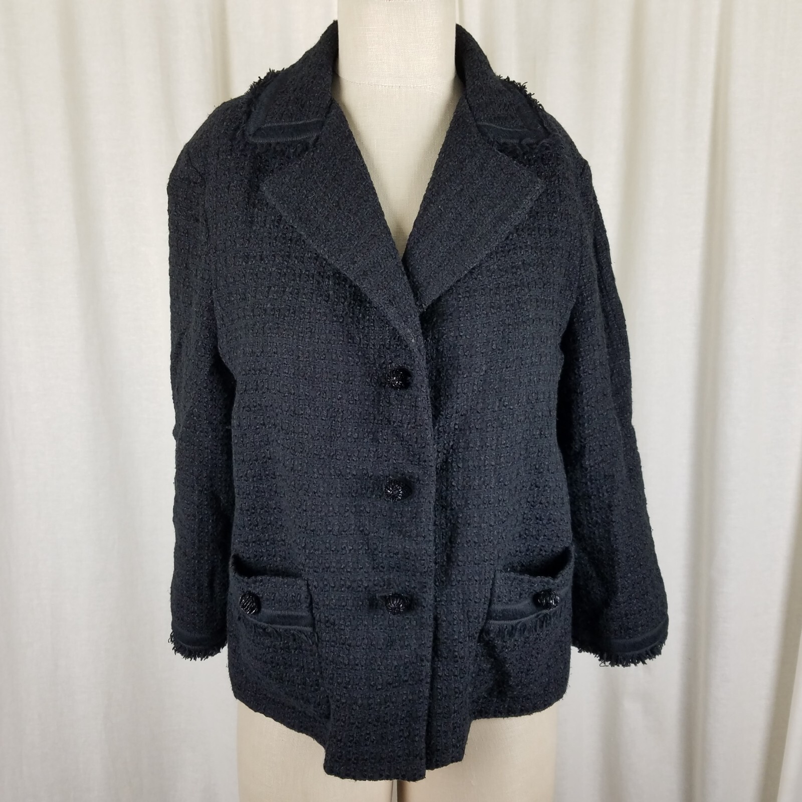 Talbots Tweed Fringe Cotton Boucle Woven Blazer Jacke… - Gem