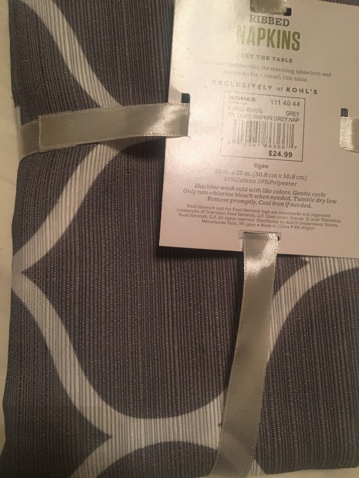 Food Network; Ribbed Fabric Napkins, 20” X 20”, Set of 4 Ogee Grey ...