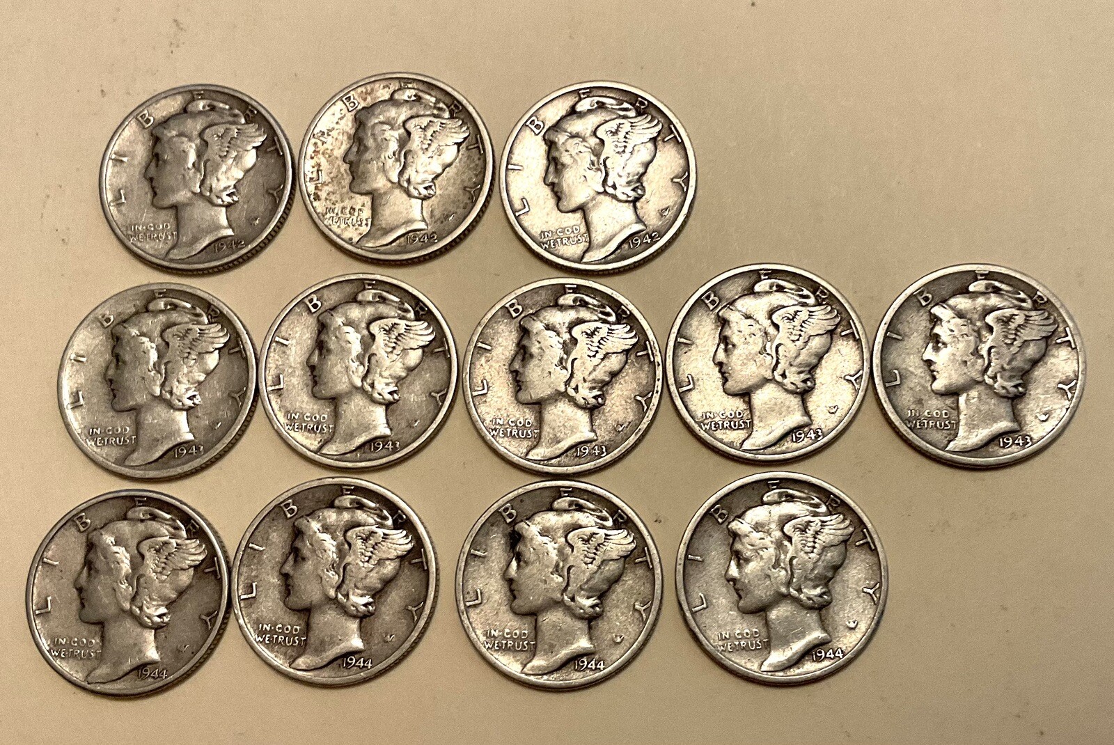 U.S. Silver Coins, 12 Mercury Dimes: 1942-S,D,P; 1943-S,D,P; 1944-S, D ...