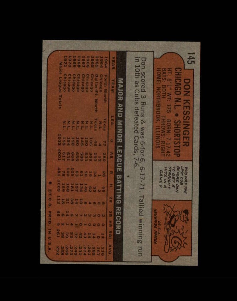 1972 Topps Baseball #145 Don Kessinger STARX 9 MINT OC CS79418 | eBay