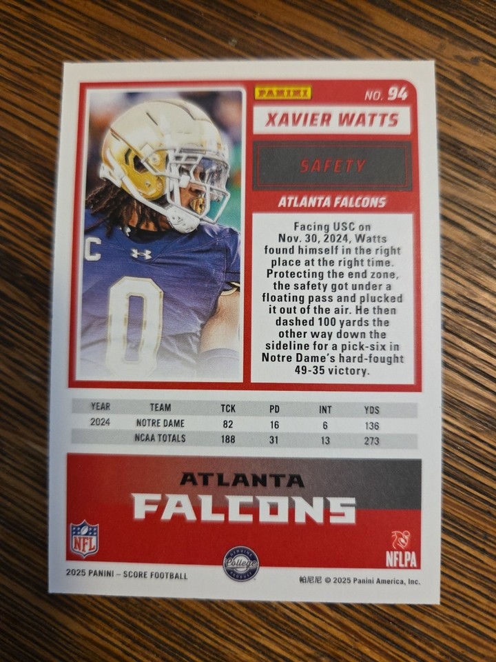 2025 SCORE XAVIER WATTS BASE ROOKIE FOOTBALL CARD FALCONS NFL 94 | eBay