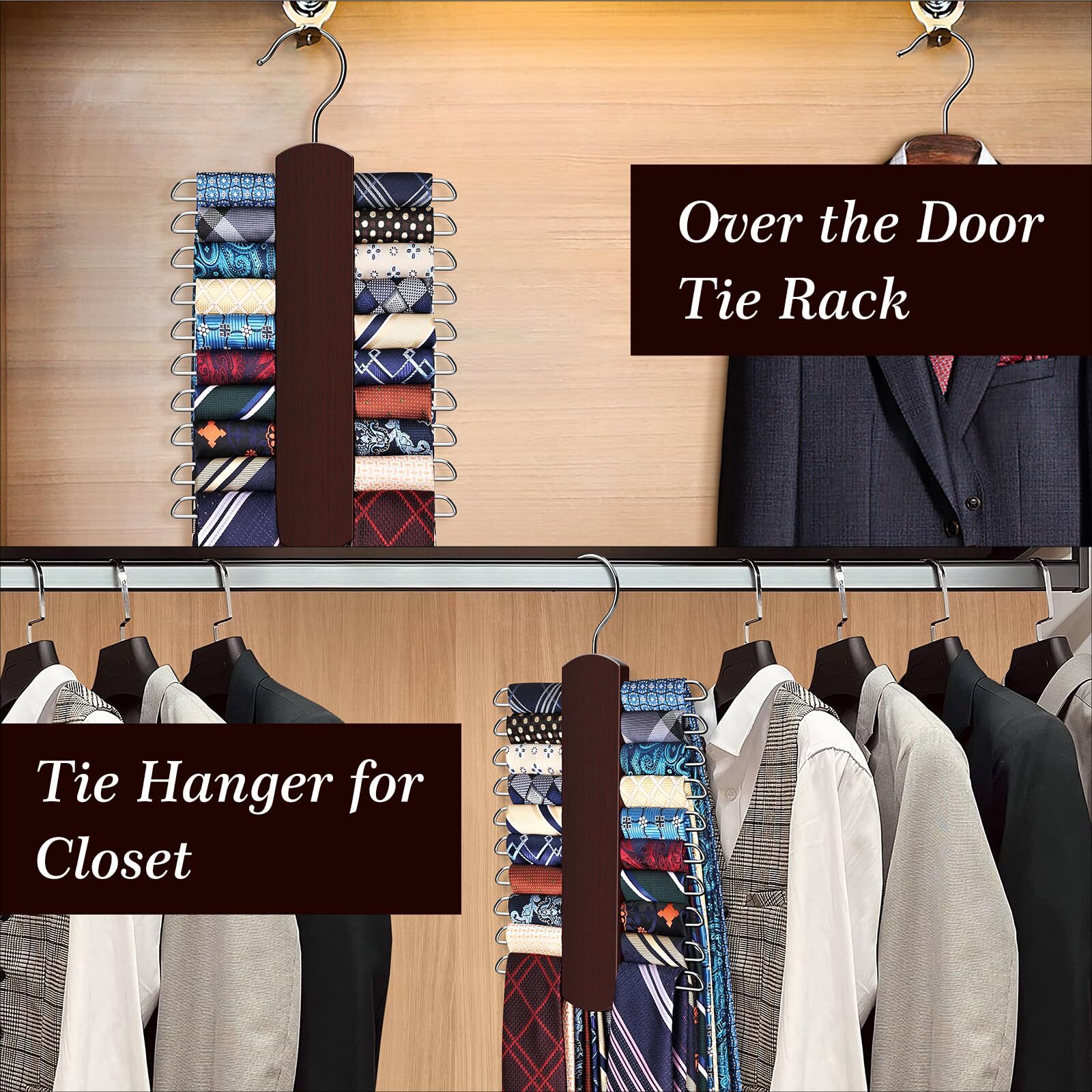 2 Pack Tie Rack for Closet Premium Wooden Necktie Organizer Storage ...