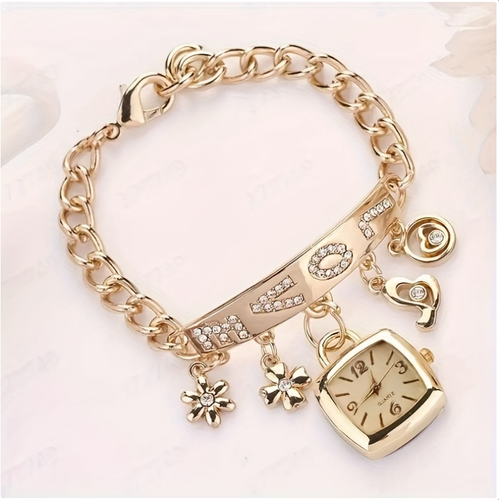 Women's Fashion Gold Charm Bracelet Watch – Heart Charms Quartz ...
