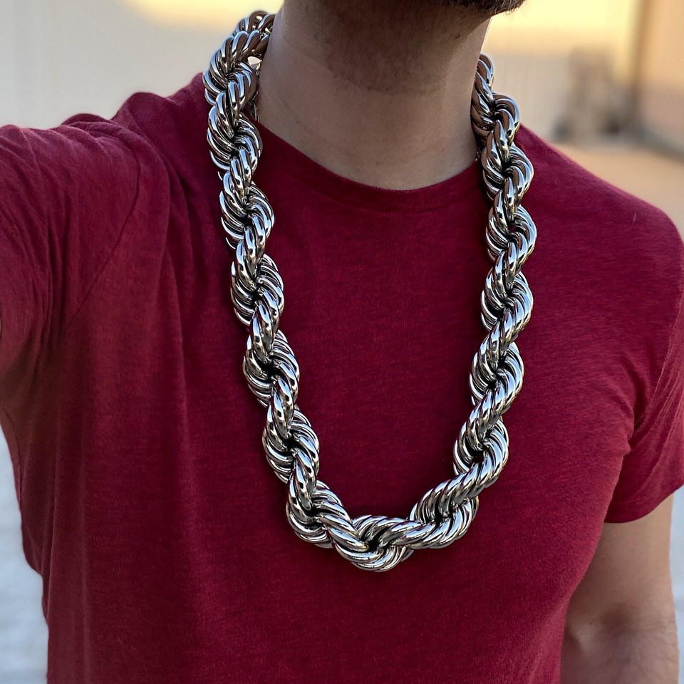 Mens Huge Rope Hip Hop Chain 30MM x 30" Inch Silver Tone Hollow Dookie ...