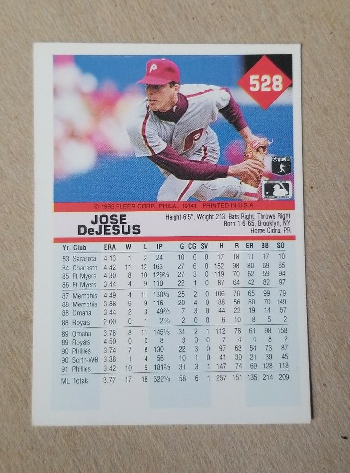 1992 Fleer Philadelphia Phillies Baseball Card #528 Jose DeJesus | eBay