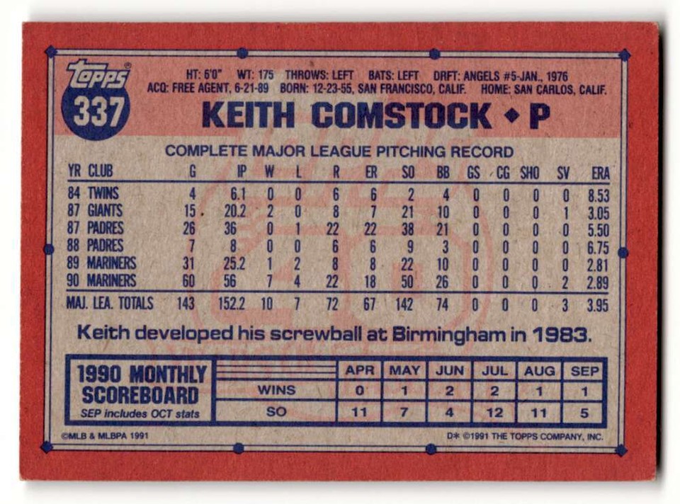 1991 Topps #337a Keith Comstock Seattle Mariners Baseball Cards EX/N ID ...