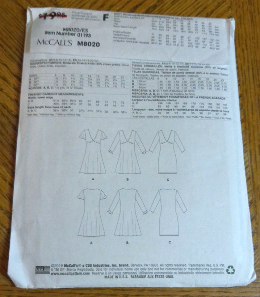 McCalls Pattern M8020 Ms LEARN TO SEW Elastic V-Neck Dress w/Variations ...