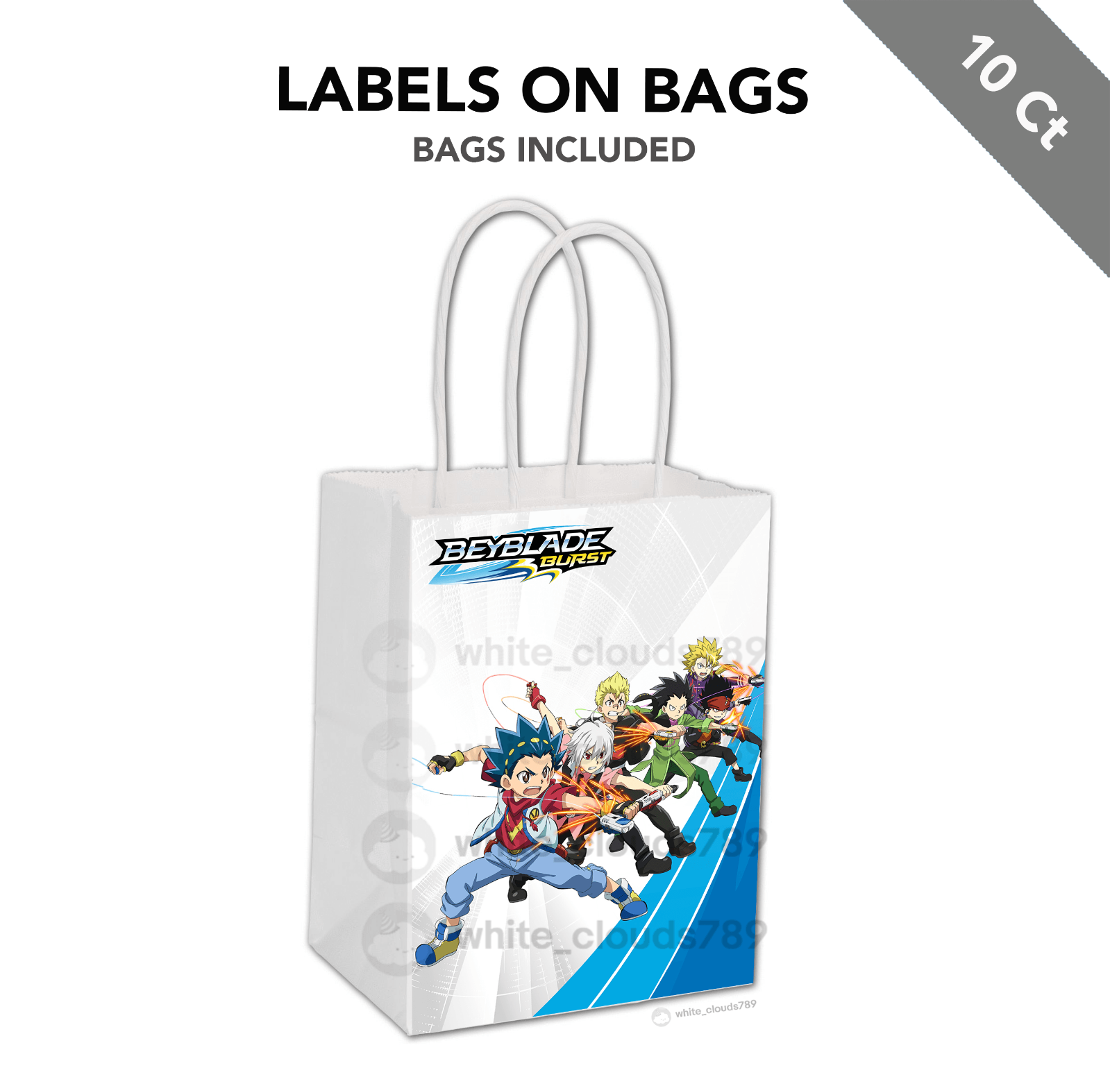 10 BeyBlade Burst Label on White Kraft Gift Bag Birthday Party Favor 5. ...