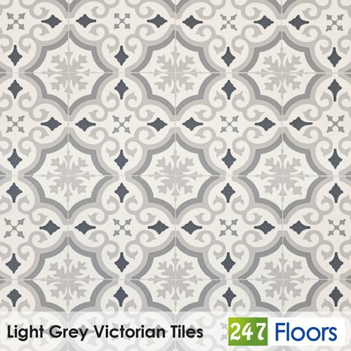 Light Grey Victorian Tiles Vinyl Flooring Feltback Lino Roll Kitchen ...
