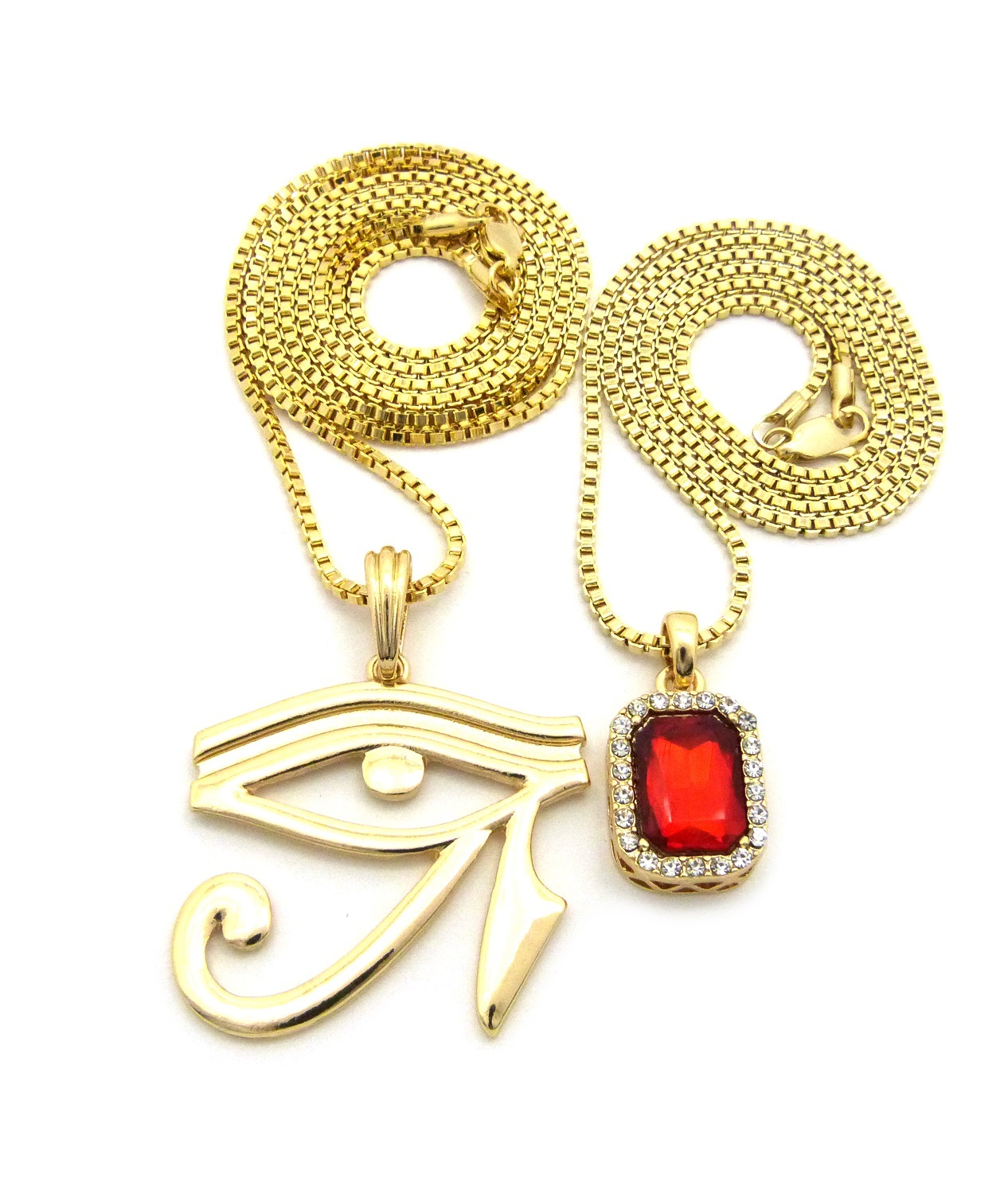 Gemstone, Eye of Horus Pendant 24",30" Box Chain Hip Hop 2 Necklace Set ...