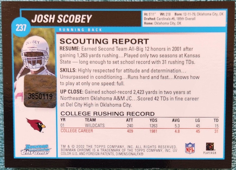 Josh Scobey Arizona Cardinals 2002 Bowman Chrome Autographed Rookie ...