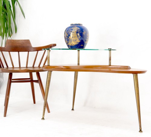 Kidney Comma Shape Two Tier Glass Walnut & Brass Conical Leg Coffee ...