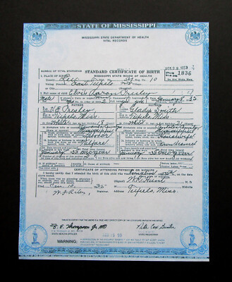 ELVIS AARON PRESLEY 7.80" x 9.70" PAPER REPRODUCTION 1935 BIRTH ...