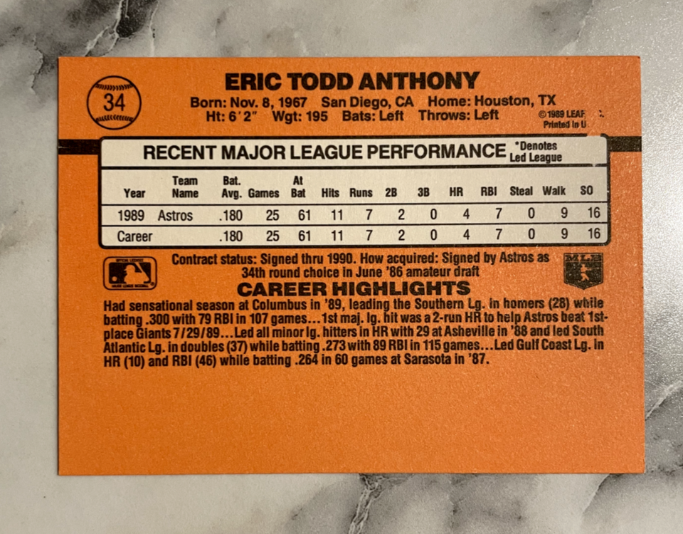 1990 Donruss Eric Anthony ULTRA RARE Misprint Error Baseball Card ...
