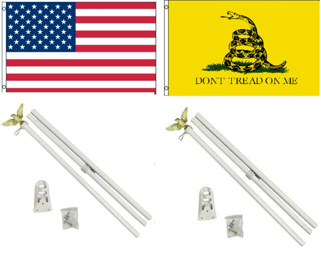 3x5 USA American & Gadsden Yellow Snake Flag & White Pole Kit Set 3'x5 ...