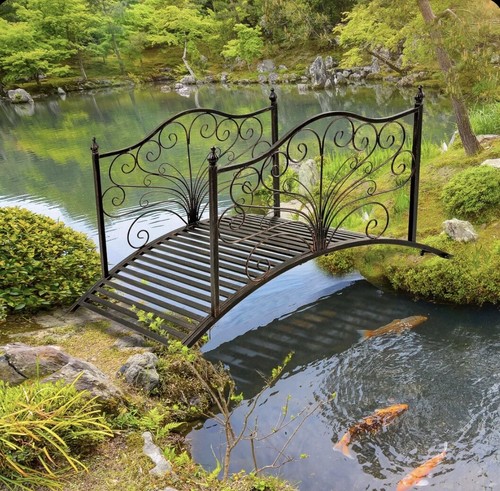 4 Foot Curved Outdoor Metal Decorative Pond Garden Bridge Black Bronze ...