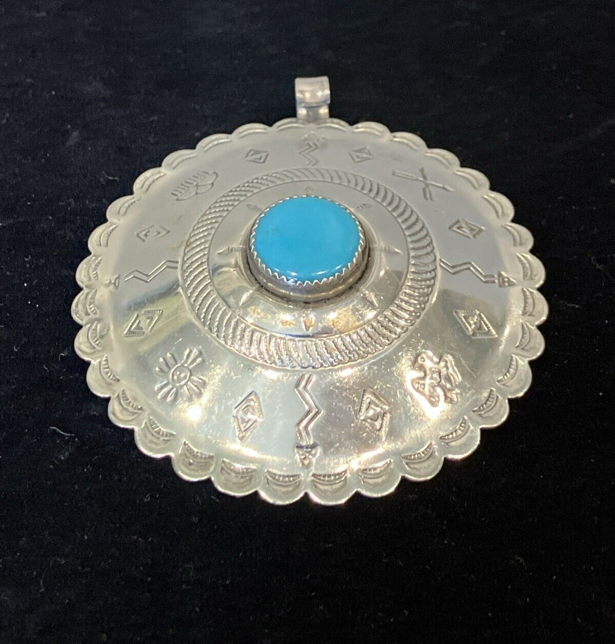 Vintage Nickel Silver Bell Native American Pendant Symbols Designs 2 1/ ...