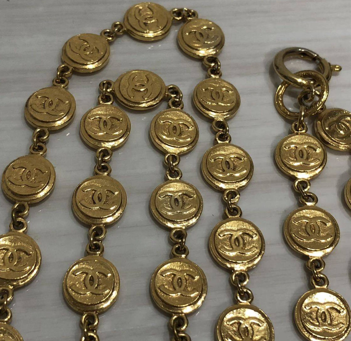 CHANEL CC Logos Coin Link Chain Necklace 36" Gold Tone Auth w/Box D ...