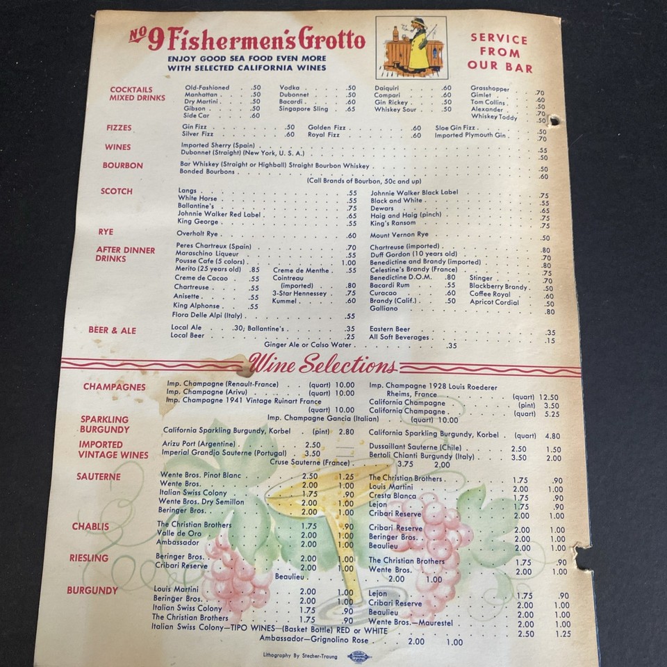 Fishermen’s Grotto Restaurant Menu No. 9 Fisherman's Wharf San ...