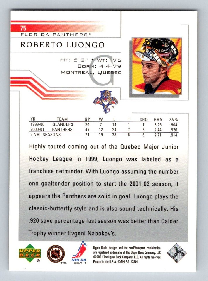 2001 Upper Deck #75 Roberto Luongo | eBay