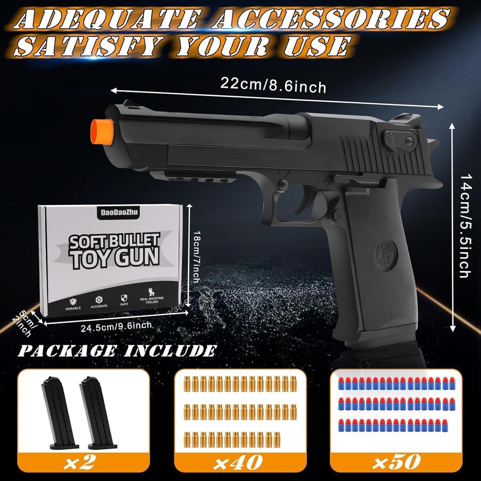 Soft Bullet Toy Gun Shell Ejecting with 50 Bullets, Black Toy Guns for ...