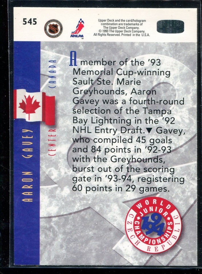1993 Upper Deck Hockey Aaron Gavey #545 Tampa Bay Lightning World Jr ...