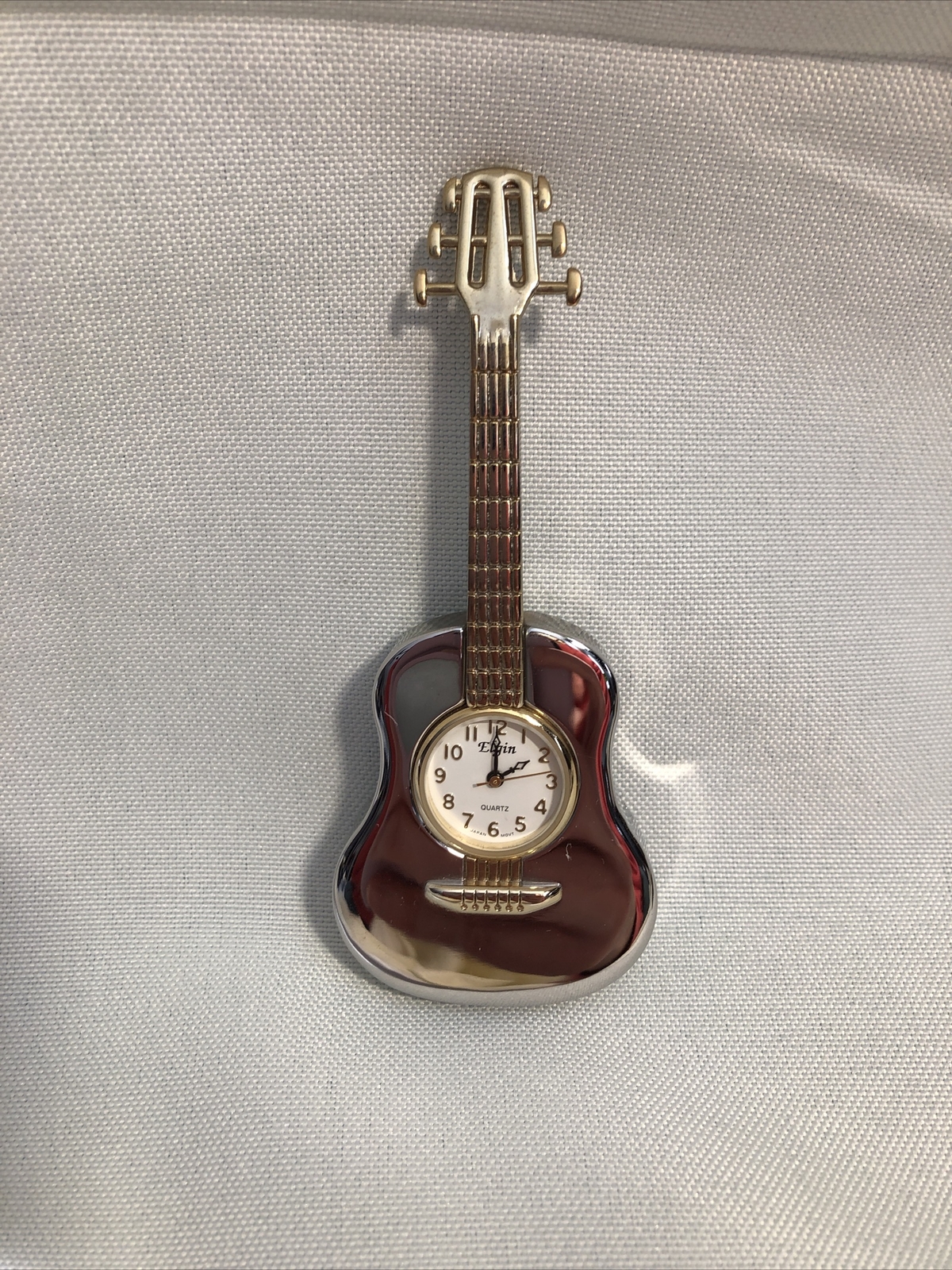 Elgin Quartz Miniature Gold Tone Guitar Clock Works Great Battery ...