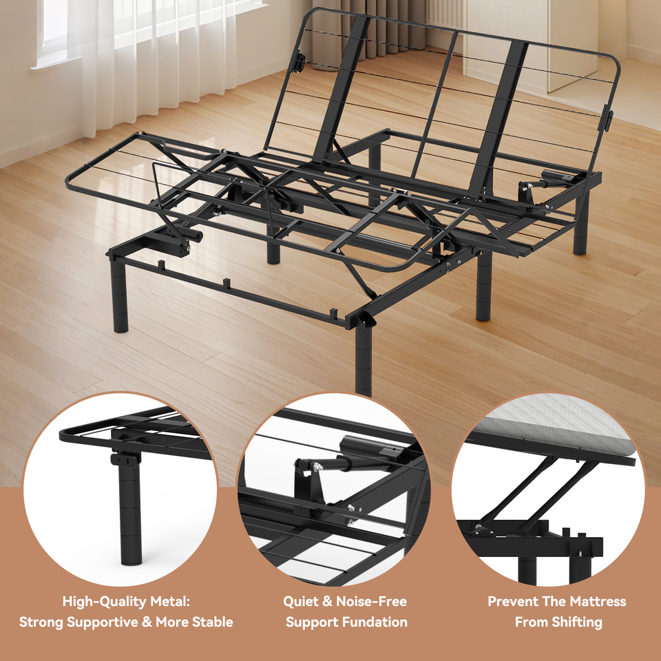 Queen Size Zero-Clearance Adjustable Bed Base W/Incline, Dual USB A+C ...