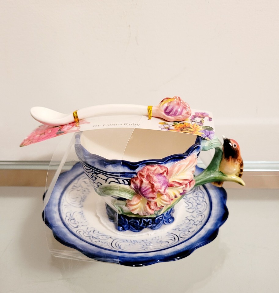 Garden Collection Corner Ruby Pink Iris Flower Tea Cup w/Saucer & Spoon ...