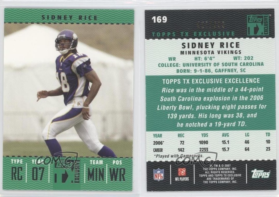 2007 Topps TX Exclusive 427/599 Sidney Rice #169 Rookie RC 0b0 | eBay