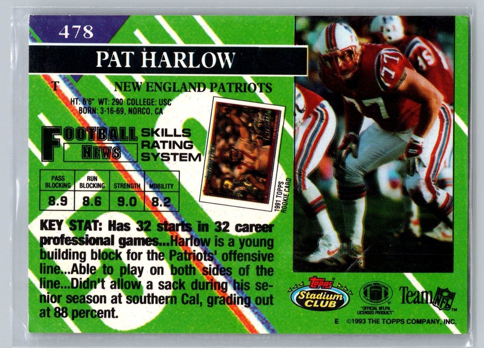 1993 TOPPS STADIUM CLUB CARD # 478 Pat Harlow - New England Patriots | eBay
