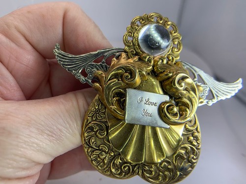 Christmas Angel I LOVE YOU Clear Rhinestones Vintage Bi-Metal Brooch ...