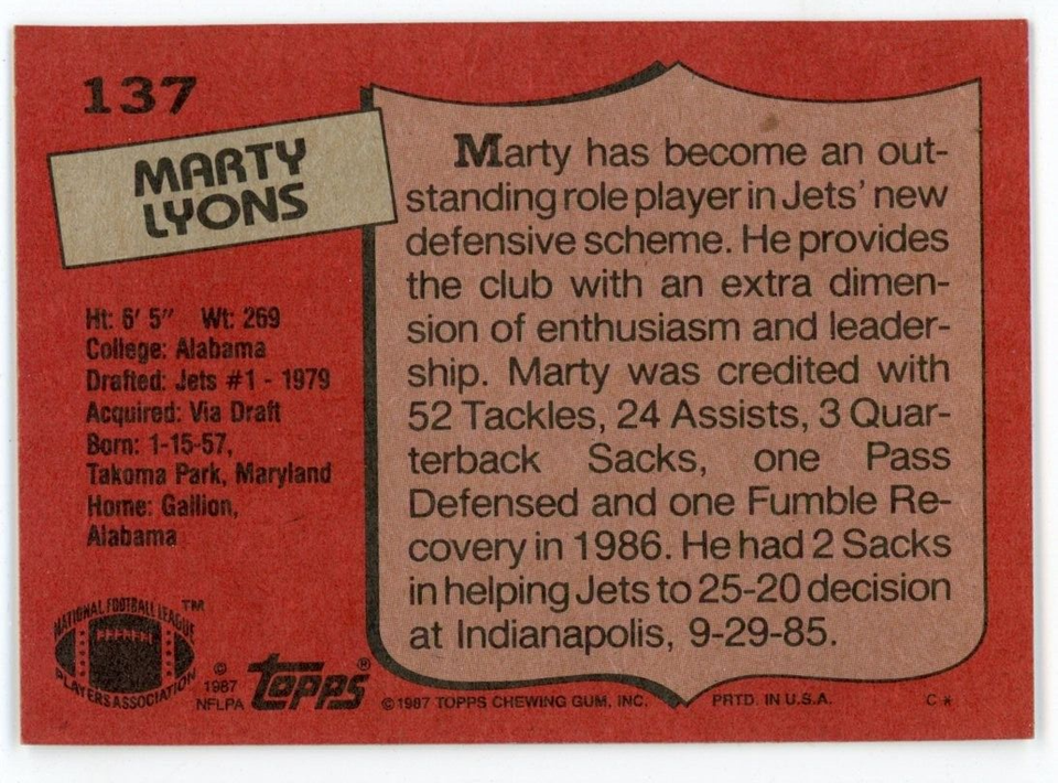 1987 Topps Football #137 Marty Lyons New York Jets Defensive End | eBay