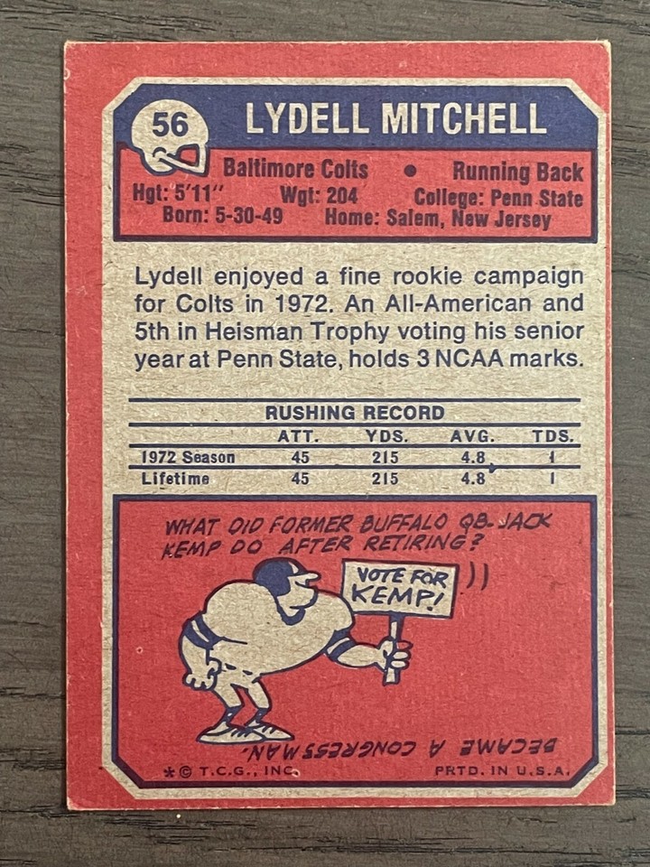 1973 Topps Lydell Mitchell Rookie Card #56 Baltimore Colts | eBay