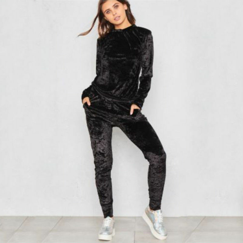 WOMENS LADIES VELVET VELOUR CRUSHED 2PCS JOGGING TOP LOUNGEWEAR ...