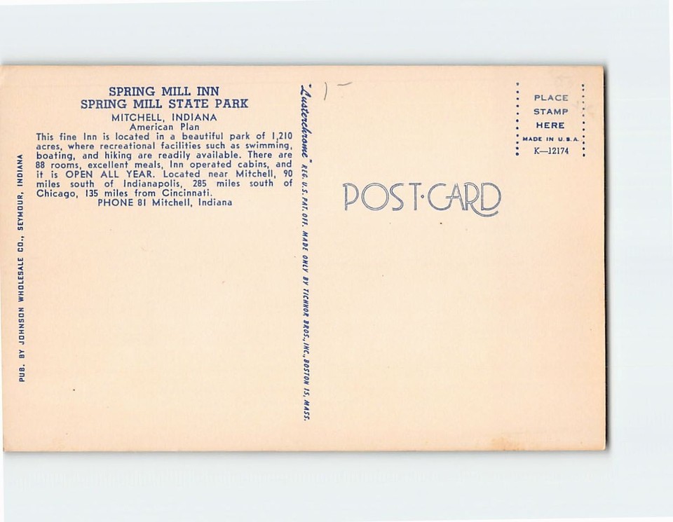Postcard Spring Mill Inn Spring Mill State Park Mitchell Indiana USA | eBay