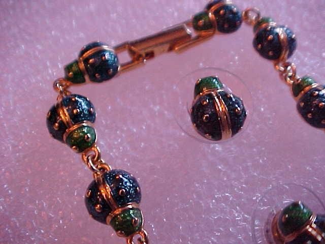 Joan Rivers GREEN Ladybug Bracelet + Matching Earrings Enamel Gold ...