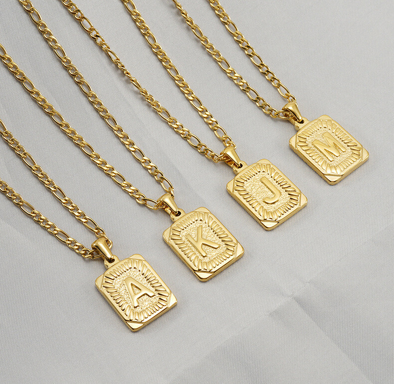 18K Gold Plated Square Capital Letter A-Z Monogram Pendant Figaro Chain ...