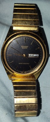 Sharp Men Watch Gold Stainless Steel Stretch WR Day Date Battery Black ...