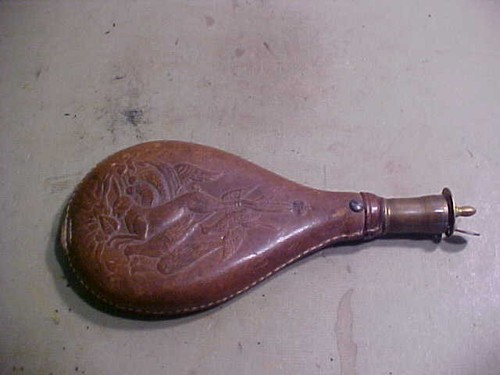 Vintage Black Powder Leather Shot Flask Embossed Rabbit & Birds | eBay