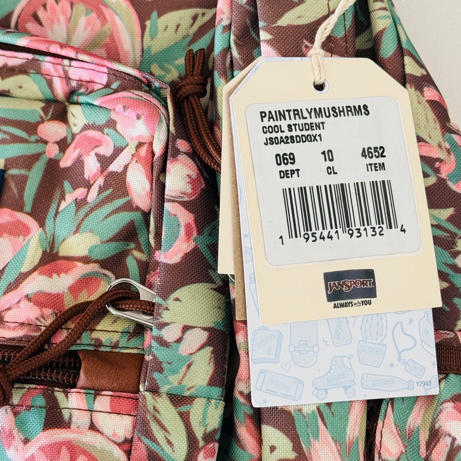 New Jansport Backpack Cool Student XL Painterly Mushroom With Laptop Sleeve