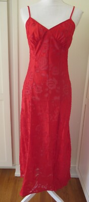 Vintage Victoria’s Secret Red Satin Lace Burnout Floral Rose Slit Slip ...