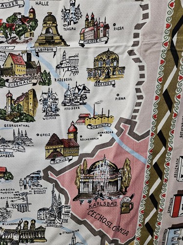 Vintage German Tablecloth Pictorial Landmarks Print 43" x 43"/1955/New ...