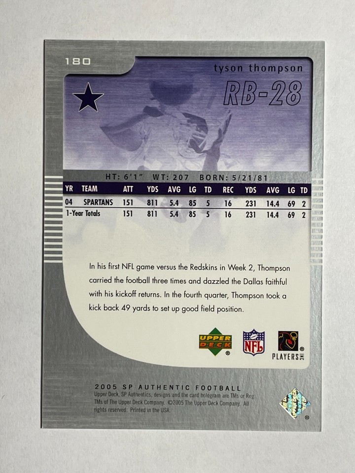 2005 SP Authentic Tyson Thompson #180 Rookie Authentic RC Gold /100 | eBay
