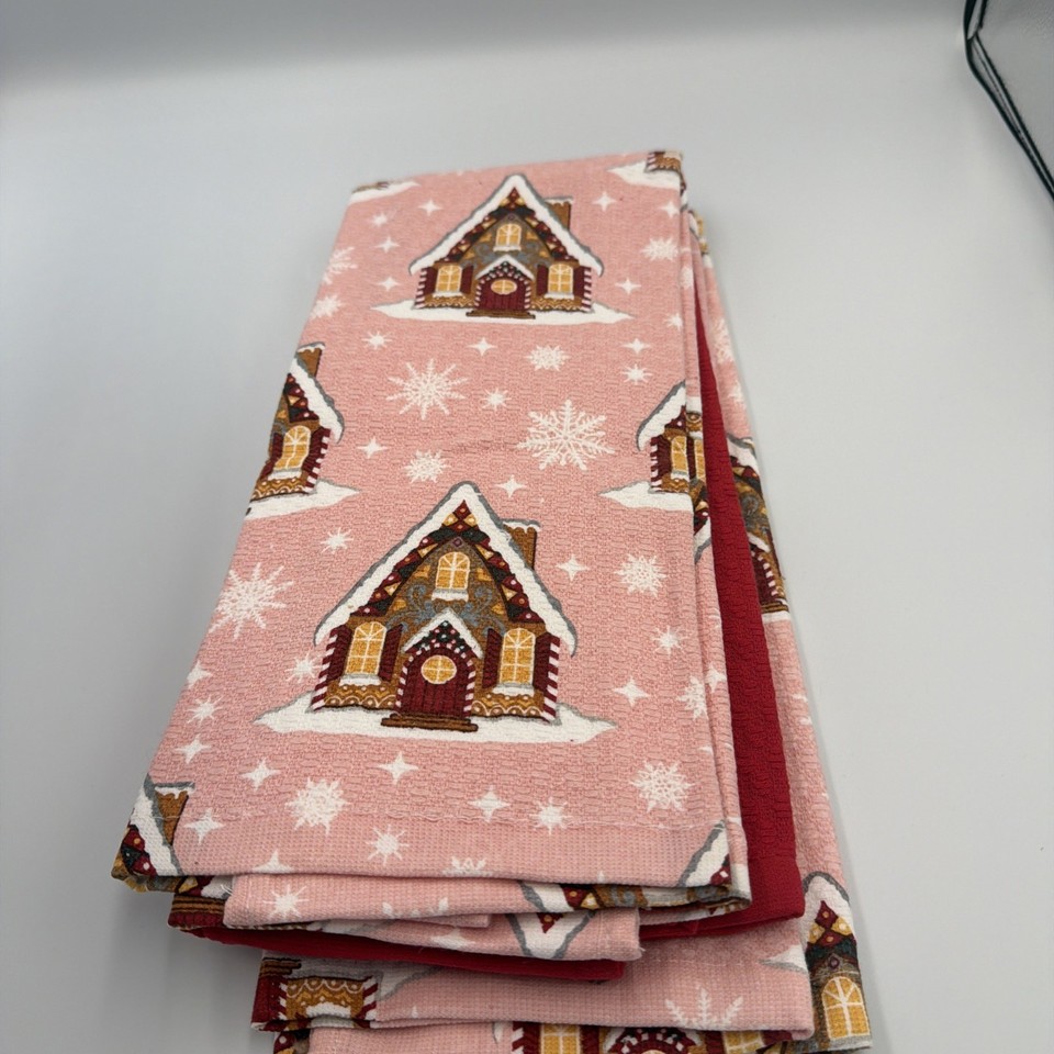 MARTHA STEWART KITCHEN TOWELS (3) GINGERBREAD HOUSES PINK 16 X 28 ...
