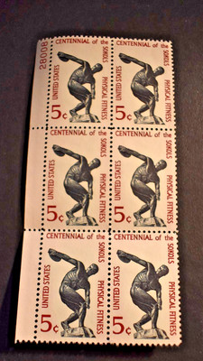 6 - 1965 US Stamps Scott #1262 - 5 Cent Block 6 - Physical Fitness ...