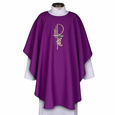 Purple Eucharistic Chasuble with Chi Rho, Grapes, and Wheat Embroidered ...