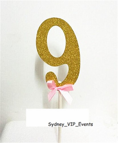 CAKE TOPPER NUMBER 9 NINE GLITTER GOLD PINK BOW 9TH BIRTHDAY PARTY PICK ...