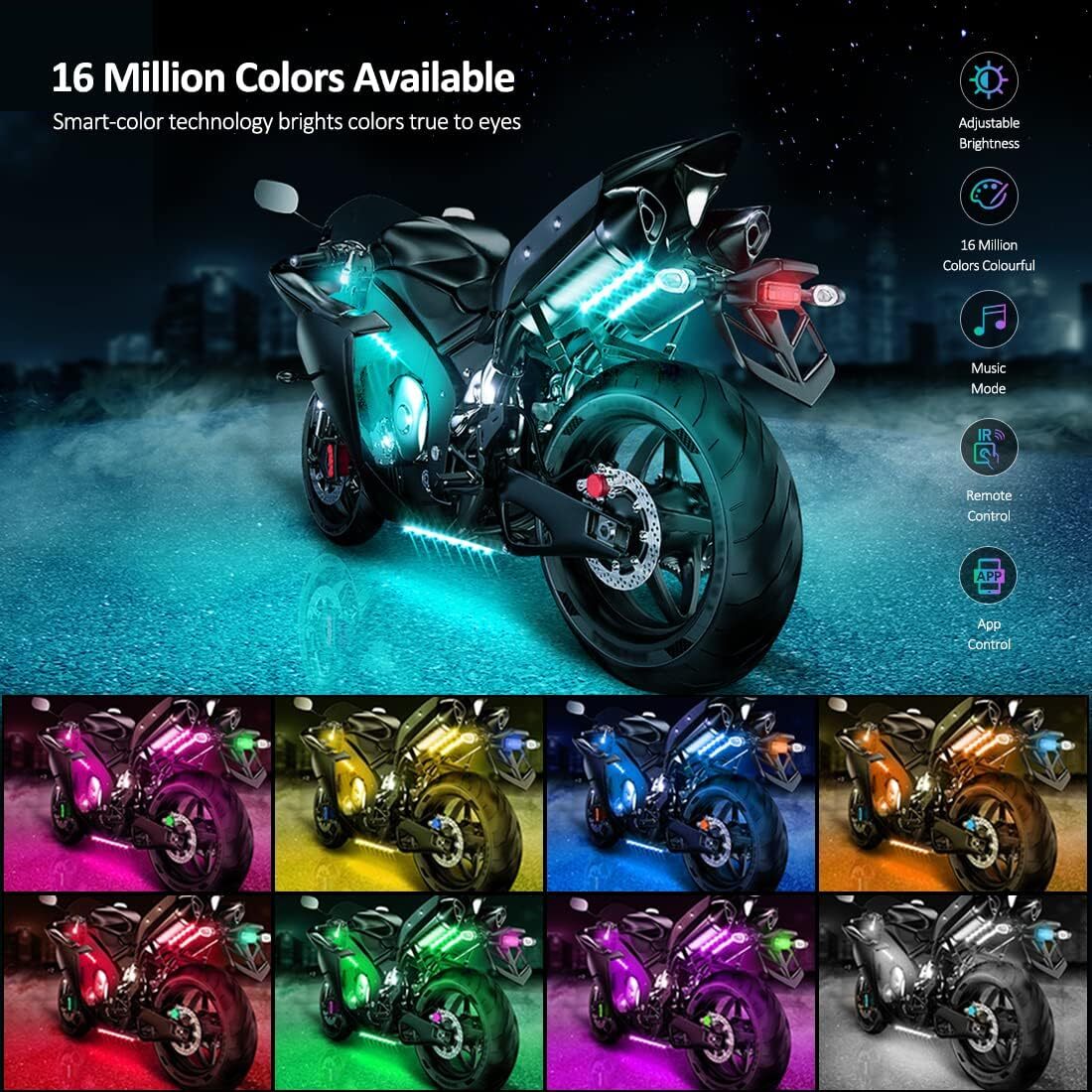 16PCS Motorcycle RGB LED Strip Light Under Glow Neon Kit Bluetooth APP ...